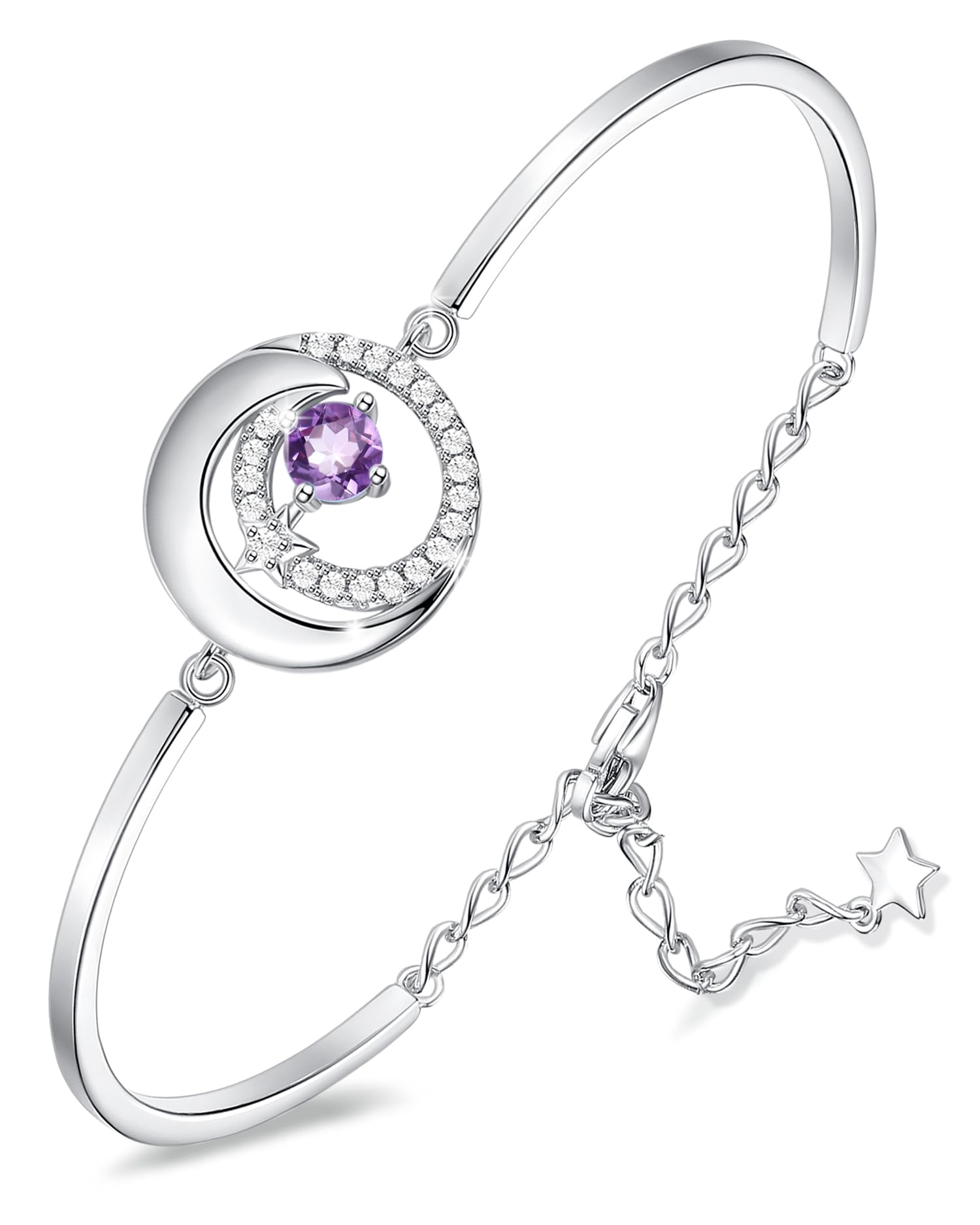 FANCIME February Birthstone Bracelets for Women 925 Sterling Silver Moon and Star Bangle Charm Amethyst Bracelet Purple Gemstone Jewelry Birthday Christmas Gifts for Mom Her