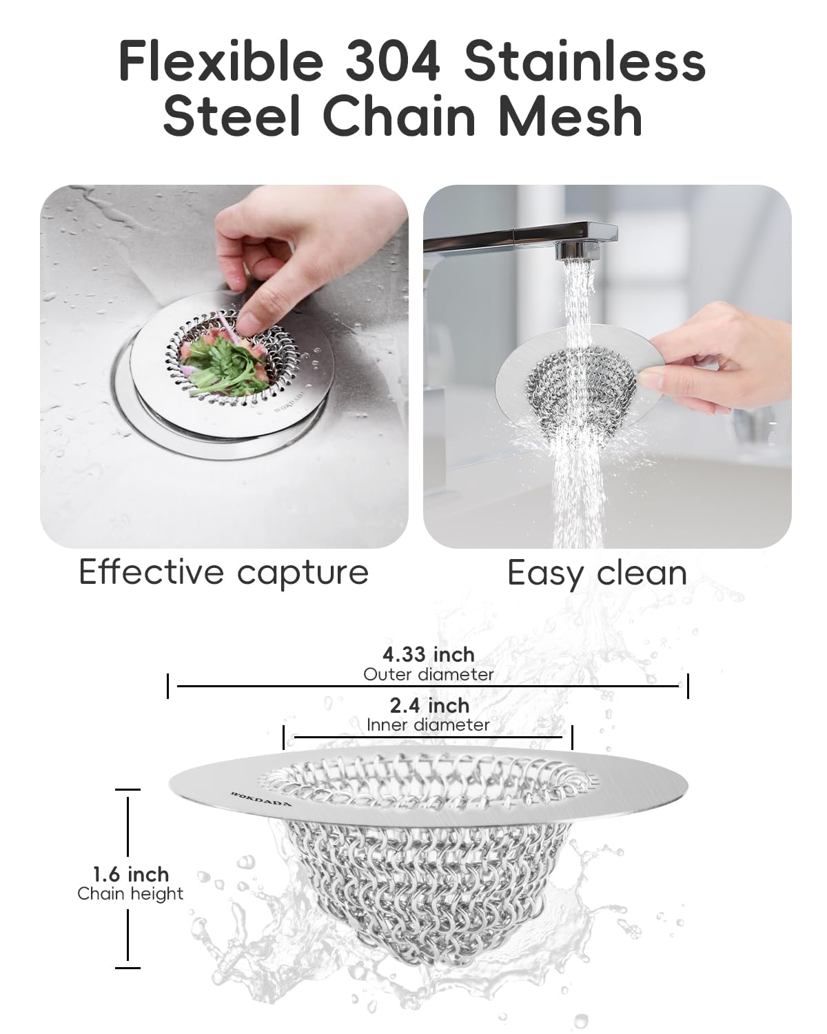 Kitchen Sink Drain Strainer, Flippable Mesh Sink Strainer, Wokdada 304 Stainless Steel Sink Screen, Easy Clean Large Basket Strainer, Anti-Clog Garbage Disposal Cover Fit for Standard 4-1/3 Inch Drain