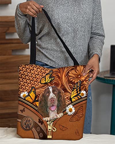 English Springer Spaniel Dog Daisy Butterflies Leather Pattern Tote Bag, Casual Handbag For English Springer Spaniel Mom Gift