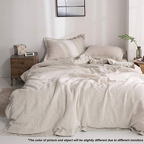 Simple&Opulence 100% Linen Duvet Cover Set with Embroidery Washed - 3 Pieces (1 Duvet Cover with 2 Pillow Shams) with Button Closure Soft Breathable Farmhouse - Linen, King Size