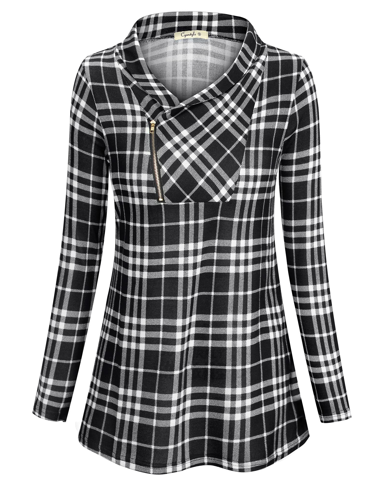 Cyanstyle Womens Cowl Neck Zipper Sweatshirt Casual Long Sleeve Tunic Pullover Plaid Black Medium