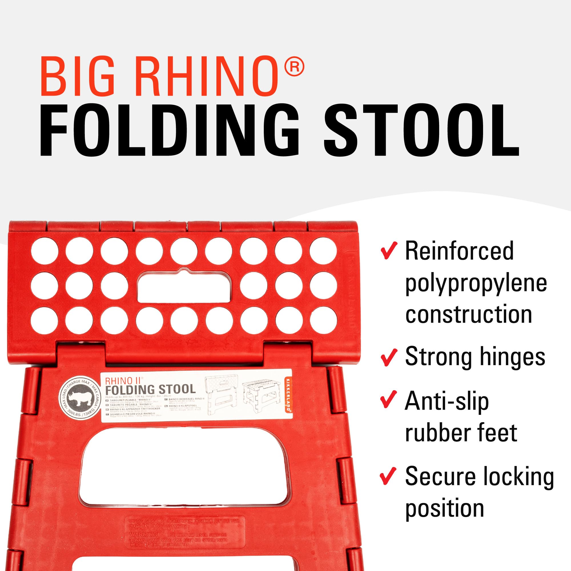 Kikkerland Rhino Foldable Step Stool – Holds Adults up to 300 Lbs, Best for Kitchen & Bathroom – Collapsible, Portable, Lightweight Stepping Stool with Sturdy, Non-Slip Design – Red, 8”