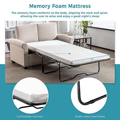 Harper & Bright Designs Pull Out Sofa Bed, Sleeper Sofa Bed with Premium Twin Size Mattress Pad, 2-in-1 Pull Out Couch Bed, Loveseat Sleeper for Living Room, Small Apartment, Beige White
