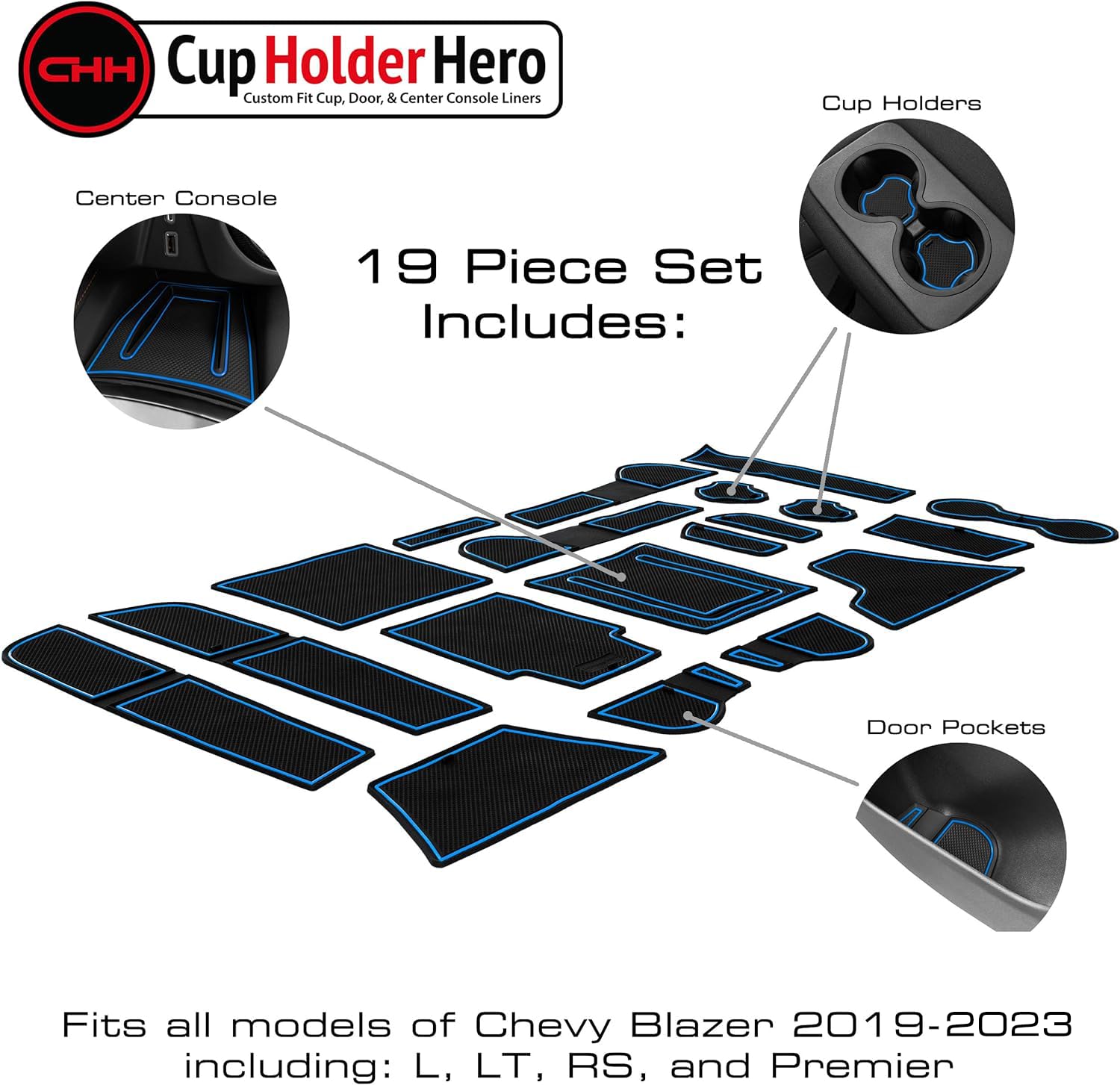 CupHolderHero fits Chevy Blazer Accessories 2019-2023 Premium Custom Interior Non-Slip Anti Dust Cup Holder Inserts, Center Console Liner Mats, Door Pocket Liners 19pc Set (Gray Trim)