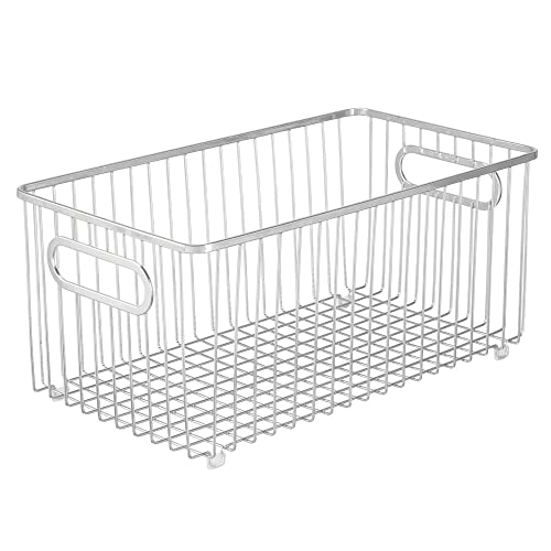 mDesign Metal Farmhouse Kitchen Pantry Food Storage Organizer Basket Bin - Wire Grid Design - for Cabinets, Cupboards, Shelves, Countertops - Holds Potatoes, Onions, Fruit, Extra Large - Chrome