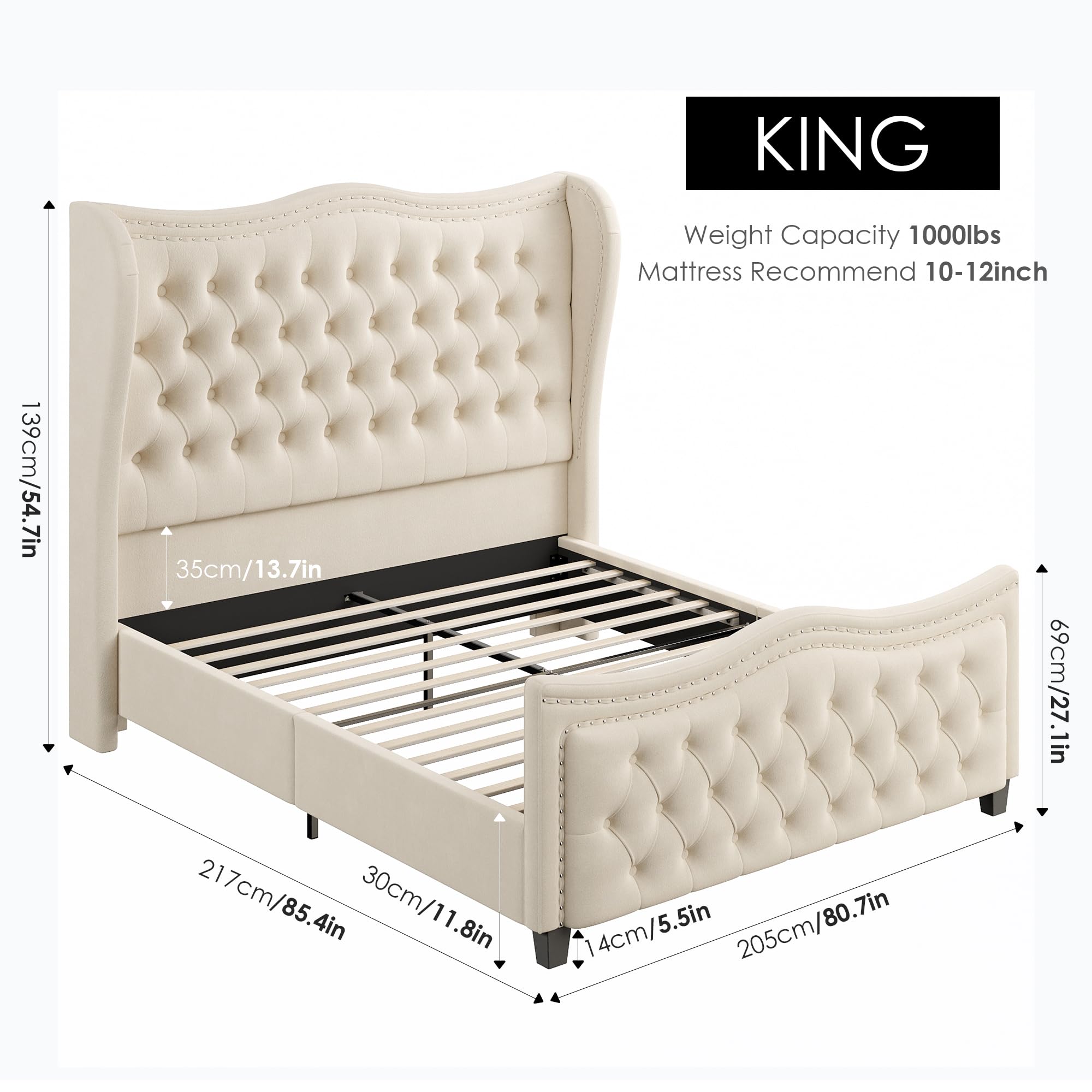HOSTACK King Bed Frame, 55" Headboard Upholstered Bed with Tall Footbaord, Velvet Handmade Pleats Deep Button Tufted Wingback Platform Bed, No Box Spring Required/Wood Slat Support/Beige