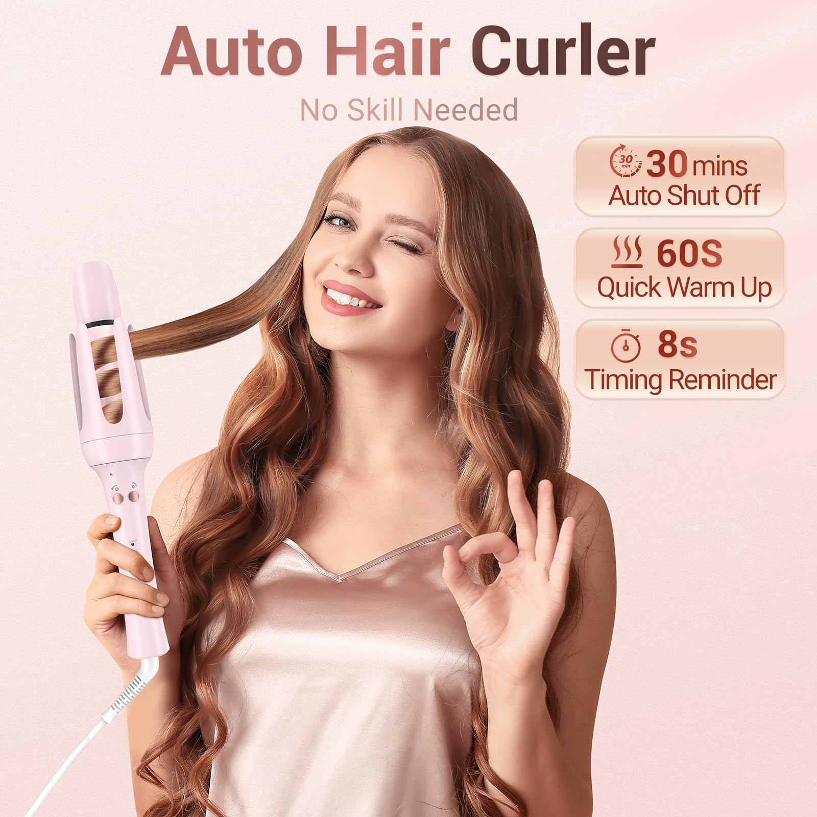 Curlicue Automatic Curling Iron Hair Curler,Replaceable Curling Wand w/ 2 Sizes Barrel (1'',1.25'') & 3 Temps,Hair Waver w/ Anti-Tangle & Auto-Off,Double Voltage Rotating Curling Iron Long Hair-Rose