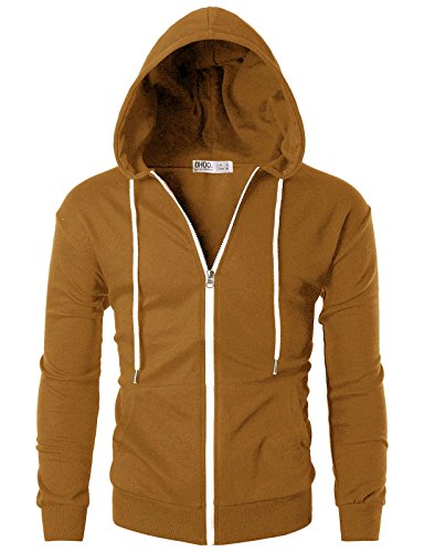 Ohoo Mens Slim Fit Lightweight Zip Up Hoodie with Pockets Long Sleeve Full-Zip Hooded Sweatshirt/DCF002-CAMEL-M