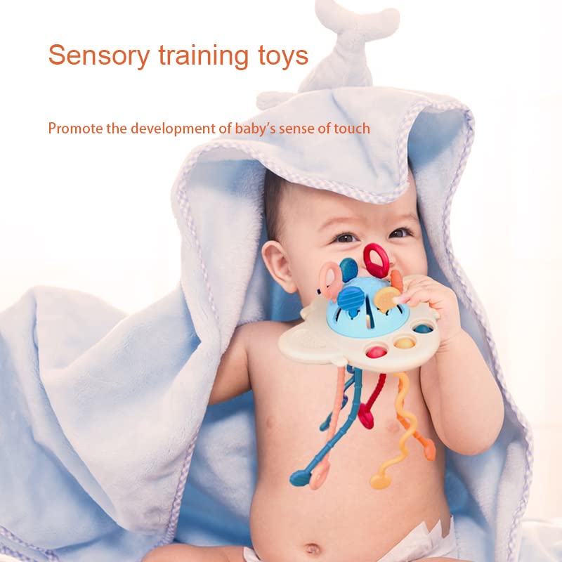 DDUBSUT Montessori Baby Toys 6 to 12 Months, UFO Silicone Pull String Interactive Toys, Travel Toys for Teething Toddlers, Exercise The Baby's Finger Fine Motor