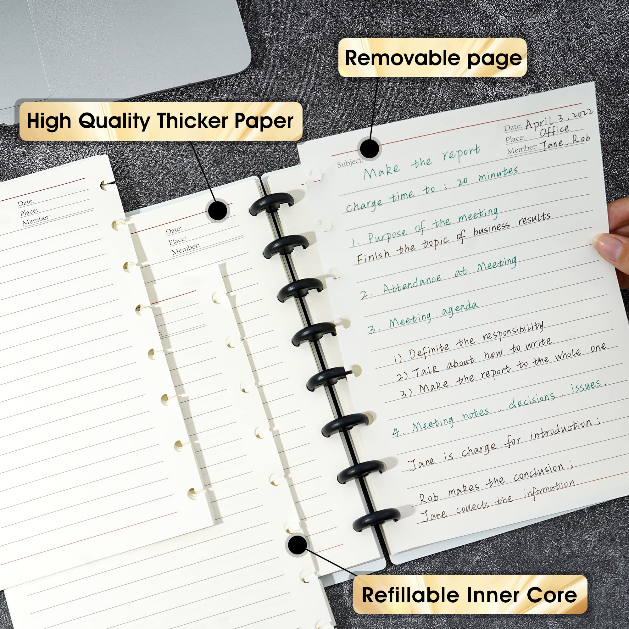 Discbound Notebook Customizable Spiral Journal Refillable 5 Subject Notebook with Removable Pages 120 Wide Ruled Disc Planner with 6 Binder Dividers & 16 Tabs for Work Meeting School, Rose Gold