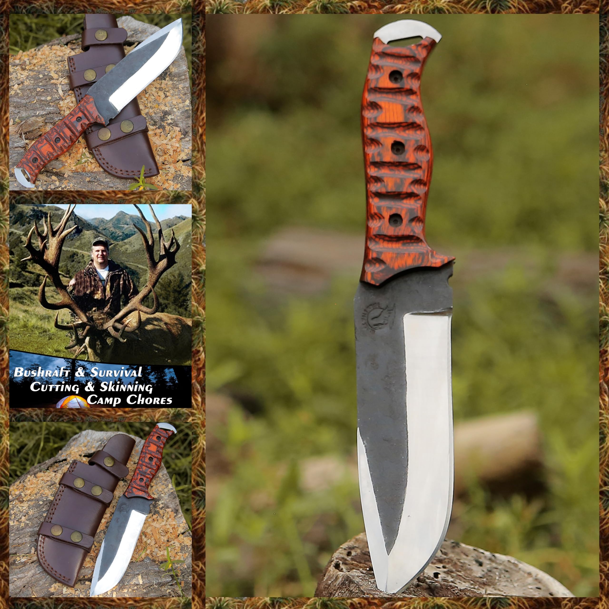 D2 Steel Hunting Knife Fixed blade knife Densified Wood handle, Black Edge,Bush craft, Camping, with Cowhide Leather Sheath – BW-4150