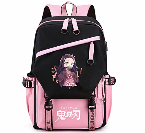 Luckbanjie 17'' Nezuko Backpack Tanjiro Anime School Book Bag Latop Backpacks (Pink-A)