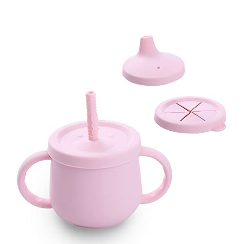 teanpoon 3-in-1 Silicone Baby Cup with Straw & Snack Cup Lid, Spill-Proof Sippy Cup for Toddlers 12M+, 8.5oz Capacity(pink)