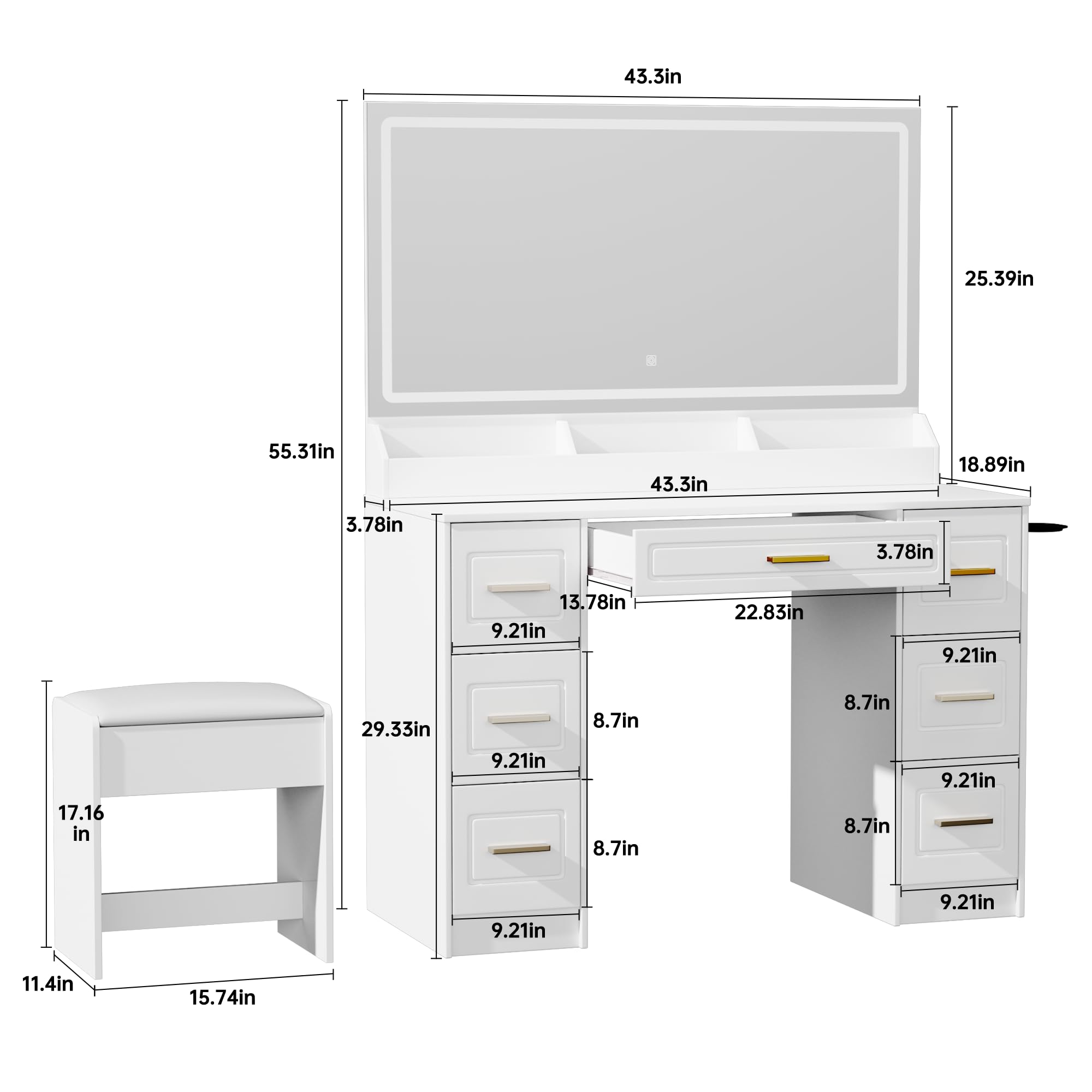 Homesflex Vanity Desk with Mirror and LED Lights, 43'' W Makeup Vanity Desk with Power Outlet, 3 Color Modes, 7 Drawers Vanity Table with Chair, Dressing Table for Bedroom, Dressing Room (White)