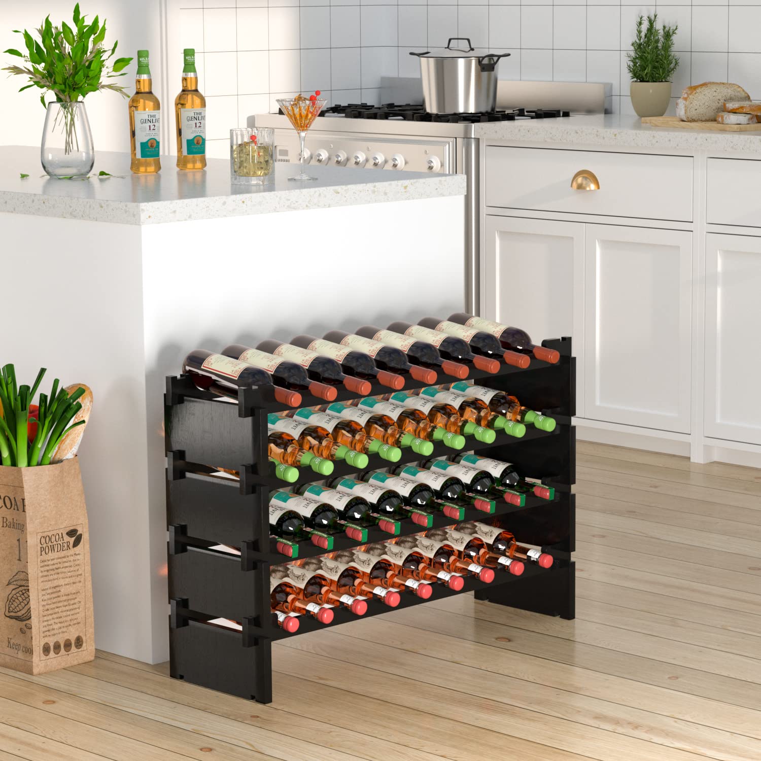 Domax Wine Rack Freestanding Floor - 4 Tiers Stackable Wine Rack 36 Bottle Wine Bottle Holder, Bamboo Wine Holder Wine Storage for Kitchen, Bar, Pantry, Wine Cellar and Countertop (Black)