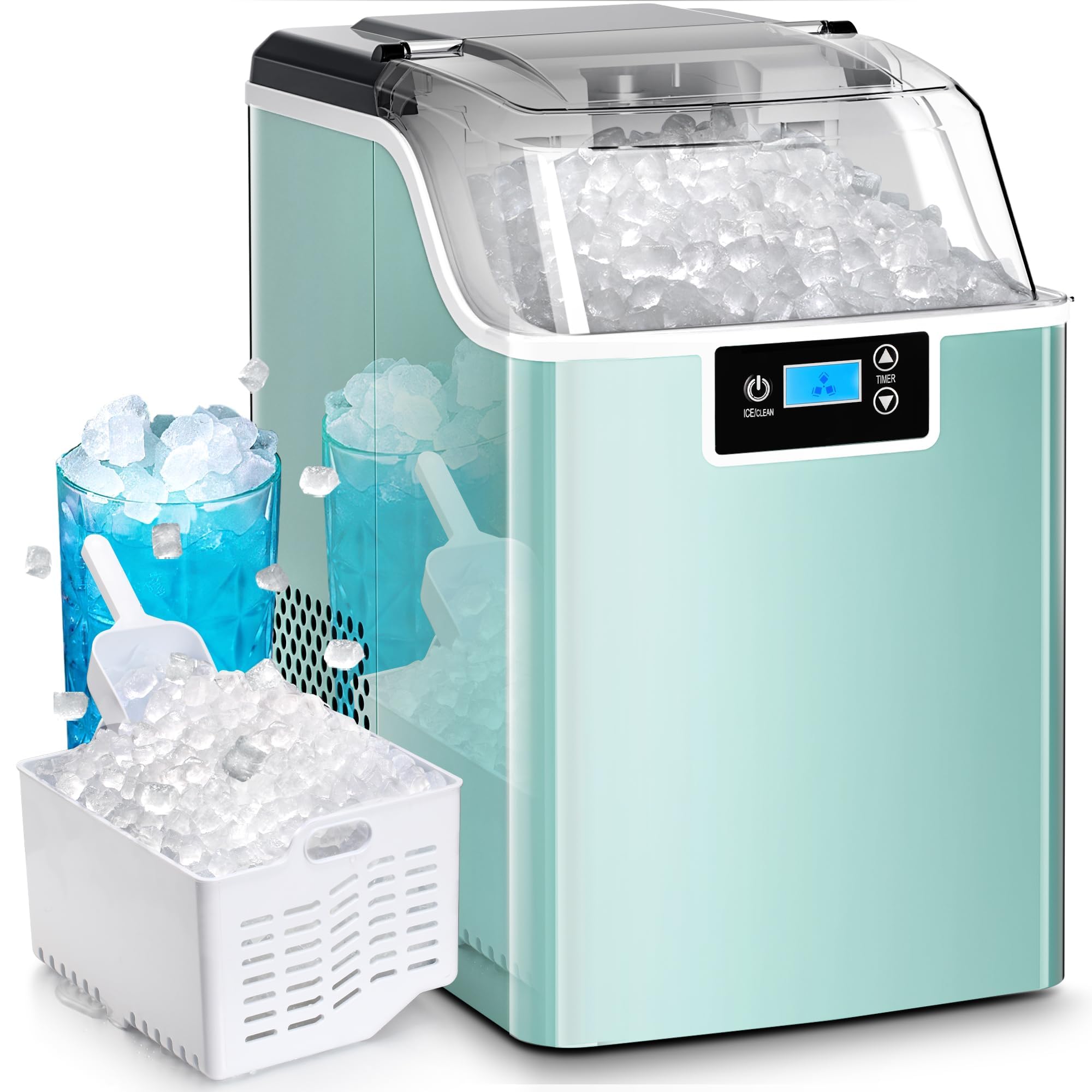 Kismile Nugget Ice Makers Countertop, 45lbs/Day Pebble Ice Maker Machine with 24-Hour Timer, Self-Cleaning Crushed ice Maker with Ice Scoop and Ice Basket for Home & Kitchen (Green)
