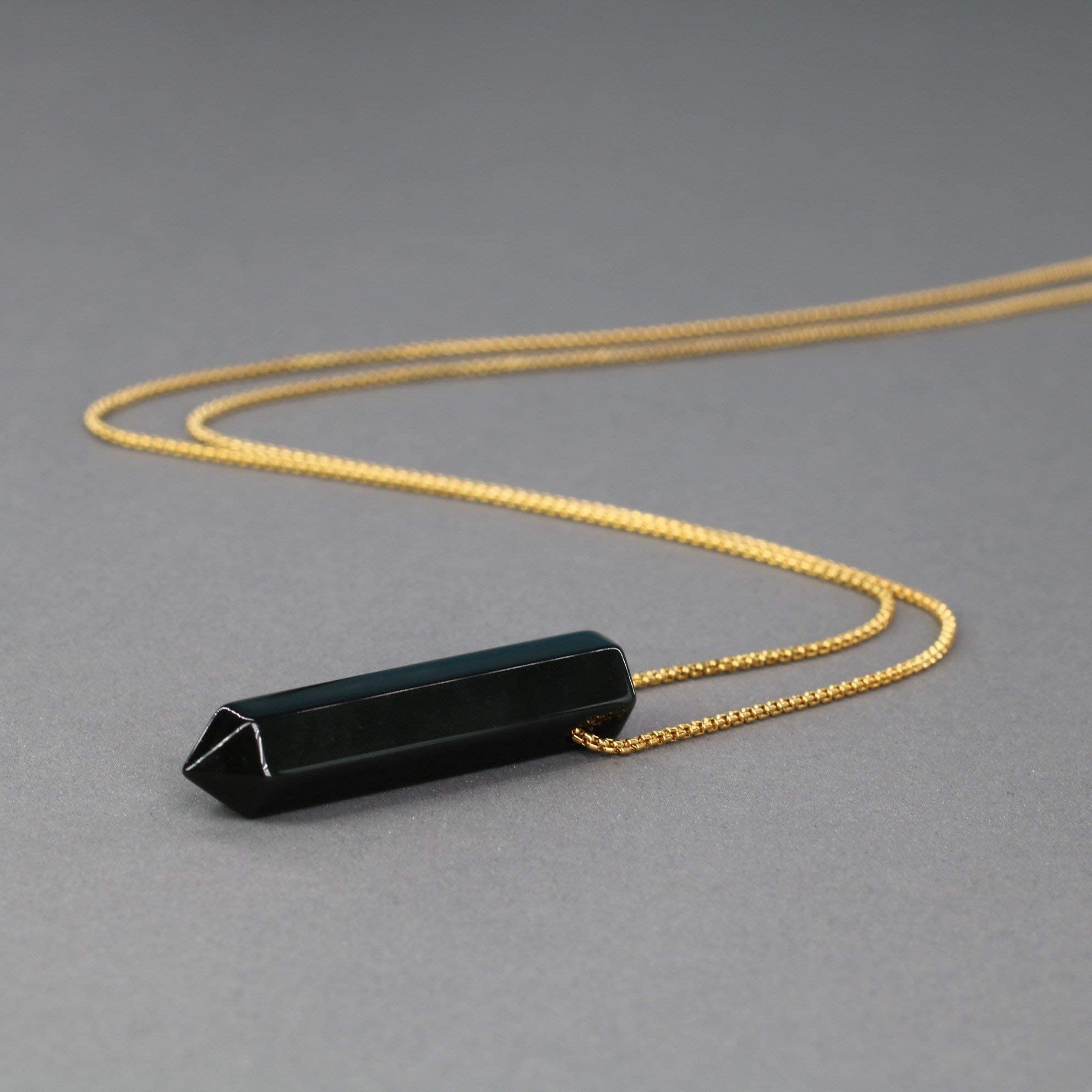 COAI Gemstone Black Obsidian Genuine Stone Hexagonal Pointed Pendant Necklace