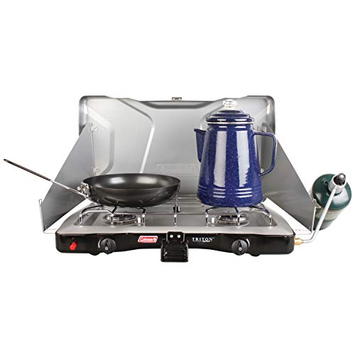 Coleman Triton+ 2-Burner Propane Camping Stove with Push-Button Instant Ignition, Portable Camping Grill/Stove with Adjustable Burners, Wind Guards, and 22,000 Total BTUs of Power