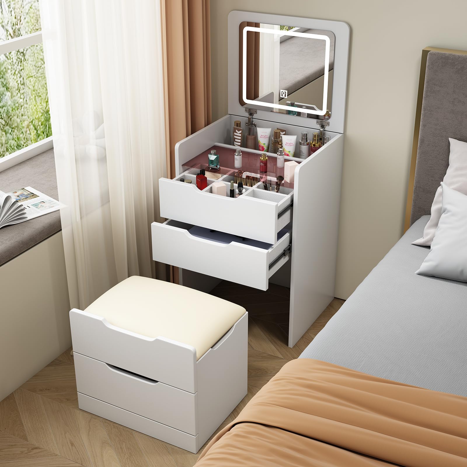 KissAir 3-in-1 Makeup Vanity Desk, Small Vanity Desk with Flip Top Mirror and Cushioned Stool, Dressing Table with 3 Drawers, Compact Vanity Set for Small Space (White)