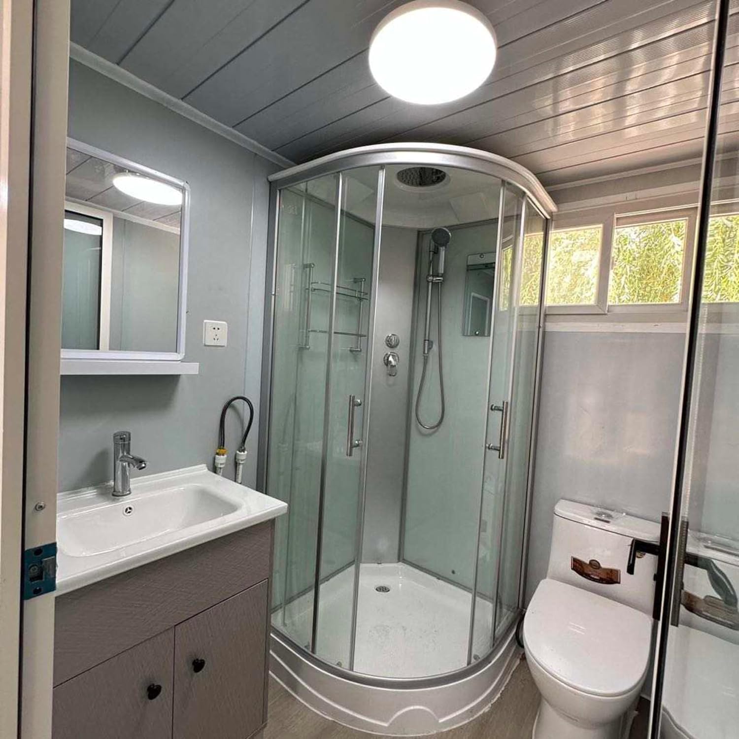Generic Portable Prefacbricated Modern House, 19 x 20 FT, 2 Rooms, 1 Bathroom & 1 Kitchen, Alloy Steel, Foldable Outbuilding โ Light Blue, R82827