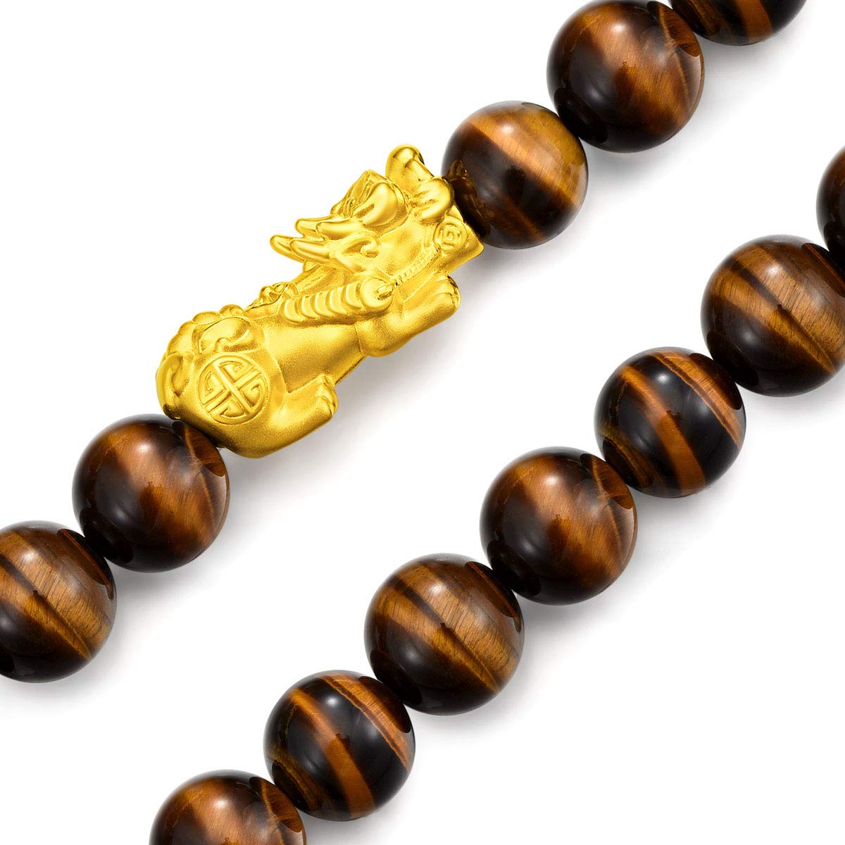CHOW TAI FOOK 999 24K Gold Pixiu Charm with Tiger Eye Agate Large Marbles Bracelet