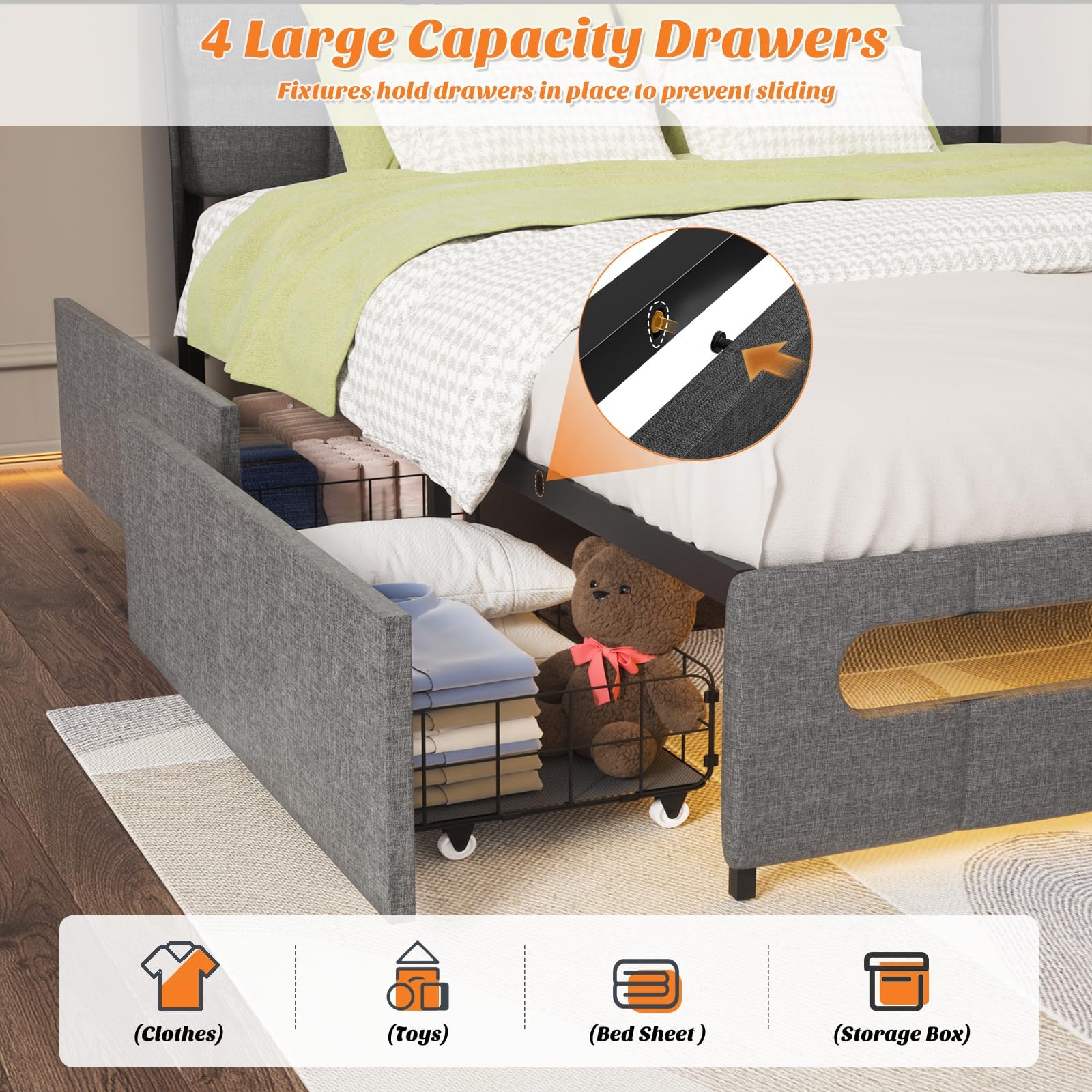 Homieasy Twin Size Bed Frame with Drawers Charging Station LED Light, Upholstered Twin Bed Frame with Storage Headboard, Heavy Duty Wood Slats, No Box Spring Needed, Noise Free, Grey
