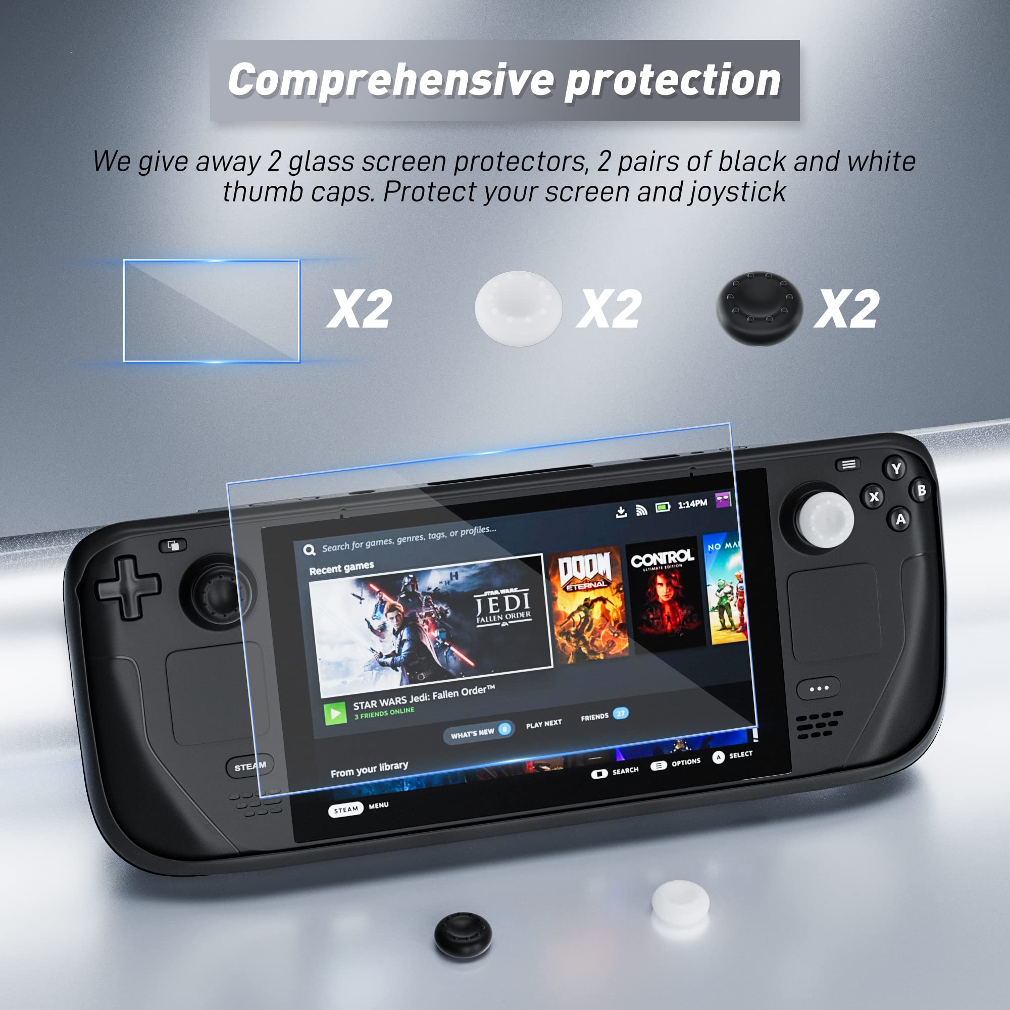 FANPL TPU Case for Steam Deck Case, Protective Cover Compatible with Valve Steam Deck Console, Game Accessories with 2 Glass Screen Protectors, 4 Thumb Grip Caps, Non-Slip, Anti-Scratch - Black