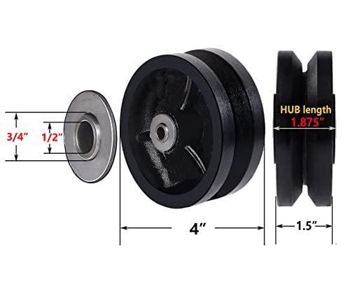 SYRATION 4"x1-1/2" Cast Iron V Groove Caster Wheel with Straight Roller Bearing Capacity up to 600 lbs (1 Black Wheel)