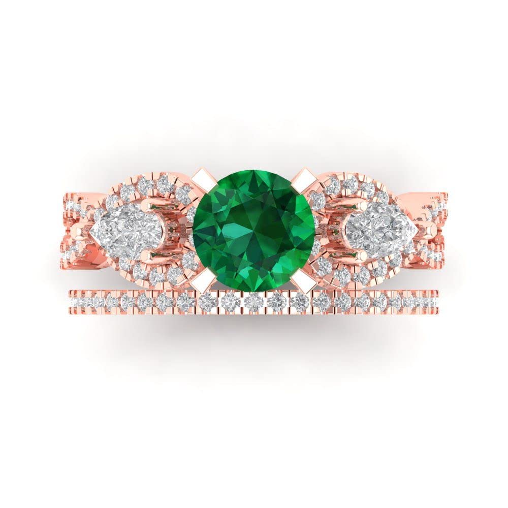 Clara Pucci 2ct Round Cut Solitaire 3 stone Simulated Emerald Engagement Promise Anniversary Bridal Ring Band set 14k Rose Gold 8.25