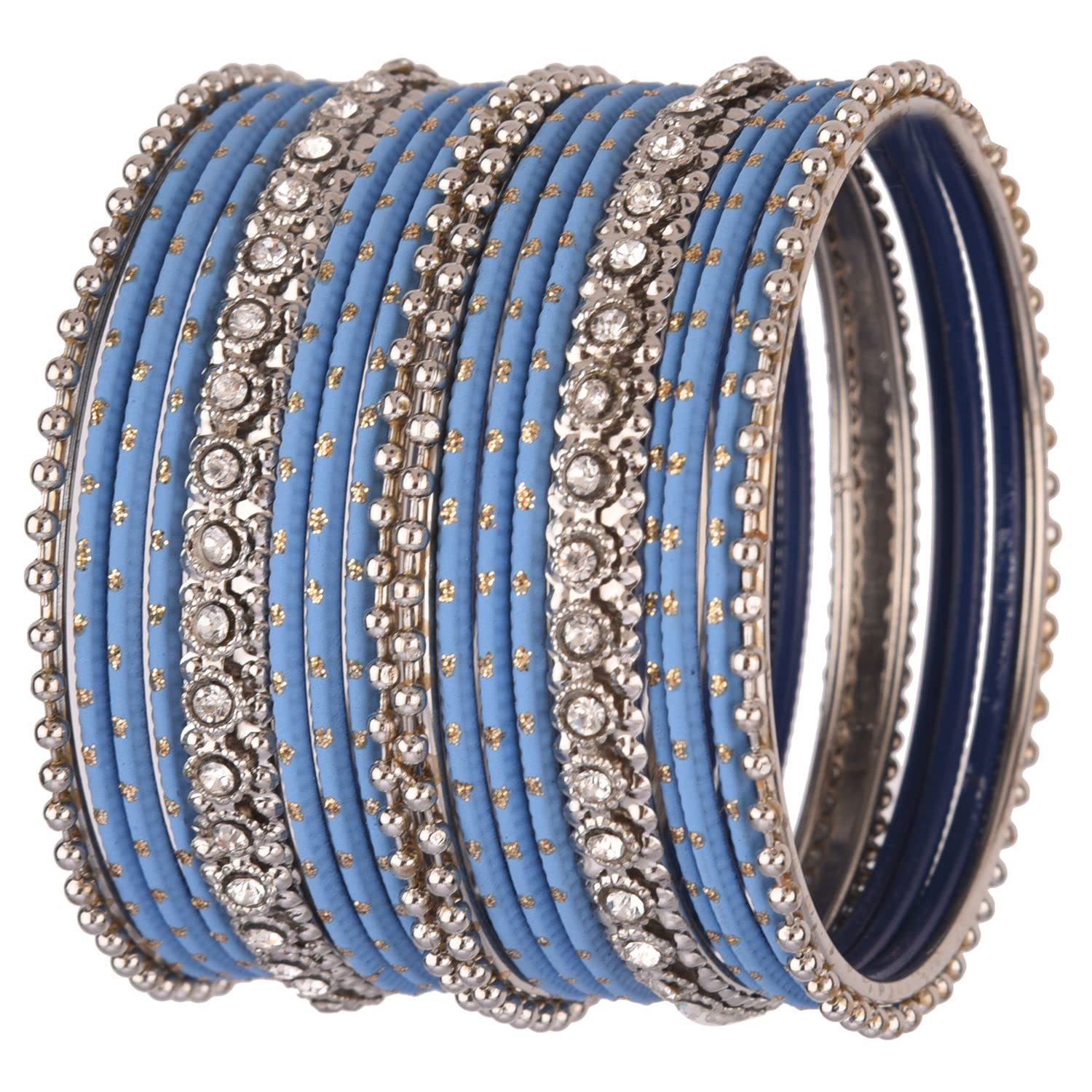 Efulgenz Indian Bangle Set Rhinestone Crystal Boho Oxidized Bracelet Metal Bangle Set Jewelry for Women (36 Pcs) Size-2.6, Blue