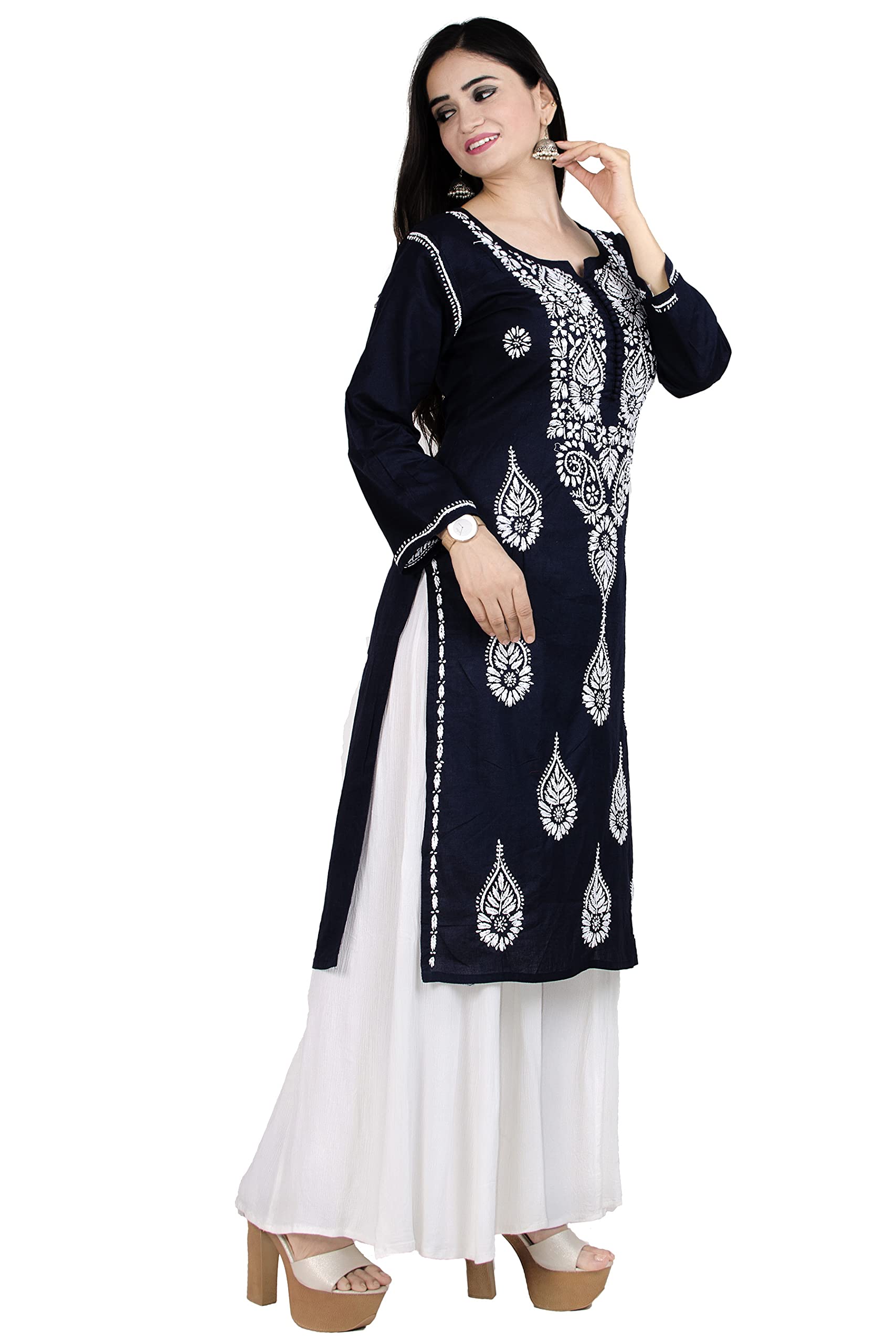 Chandrakala Women's White Casual Wear Floral Embroidered Cotton Kurti Pant Set, X-Large, Black (K150BLA4)