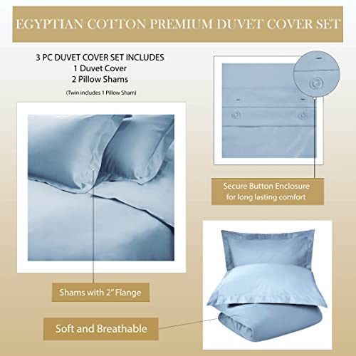 SUPERIOR Egyptian Cotton 1000 Thread Count Duvet Cover Set, Bed Covers, Includes 1 Duvet Cover with Button Closure, 2 Pillow Shams, Oversized Bedding Décor, Full/Queen, Light Blue