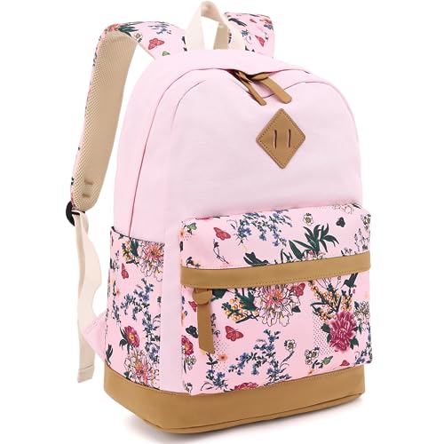Leaper Floral Canvas Backpack Laptop Bag Daypack bag Lunch Bag Purse 3 in 1 Pink