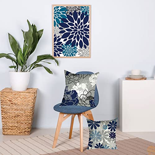 Set of 4 Decorative Throw Pillow Covers 18x18 Blue and Grey Modern Daisy Floral Pillow Covers for Living Room Farmhouse,Modern Simple Boho Cushion Bed Outdoor Home Decor