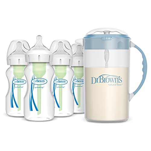Dr. Brown's Baby Formula Mixing Pitcher 32oz, Blue with Anti-Colic Options+ Wide-Neck Baby Bottles, 4 Pack, 9 oz