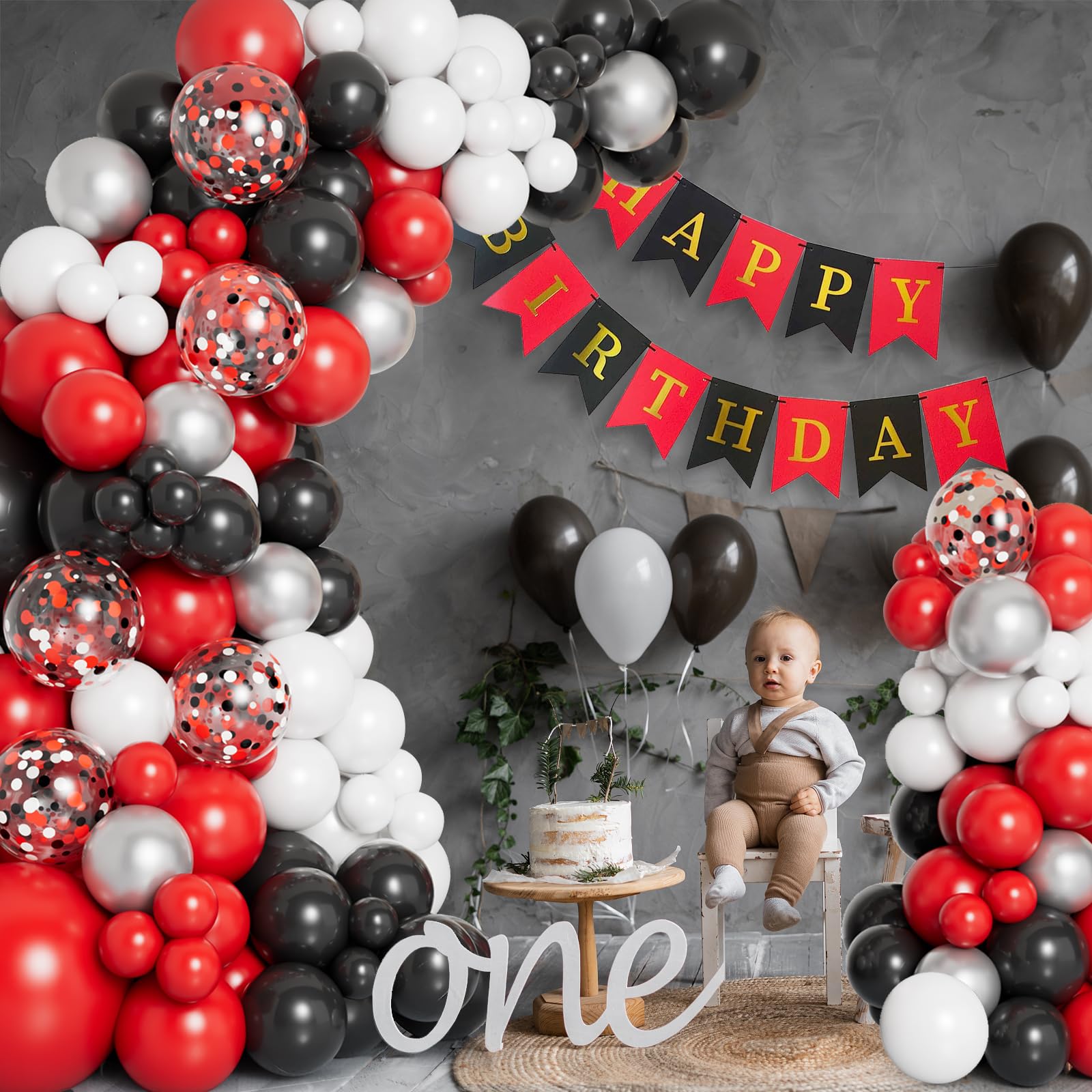 DBKL Red Black and White Balloon Garland Arch Kit with Different Size Red Black White Silver Confetti Balloons for Shower Birthday New Year Graduation Wedding Racing Car Poker Party Decorations