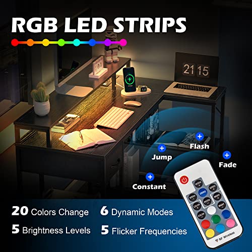 SUPERJARE L Shaped Gaming Desk with LED Lights & Power Outlets and Nightstand with Charging Station