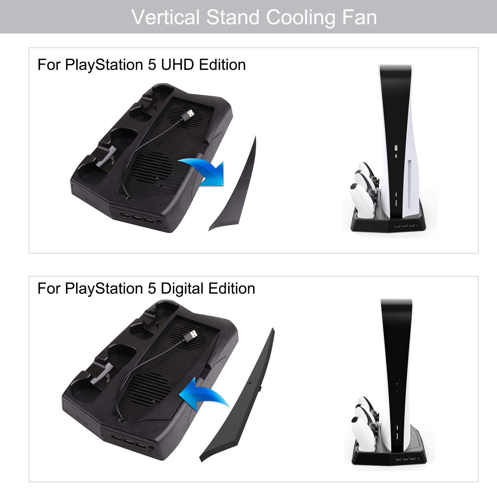 Cooling Fan Station Charging Dock Vertical Stand for PlayStation 5 PS5 with 3 USB Hubs, 2 DualSense Controller Charging Dock and 14 Games Slots