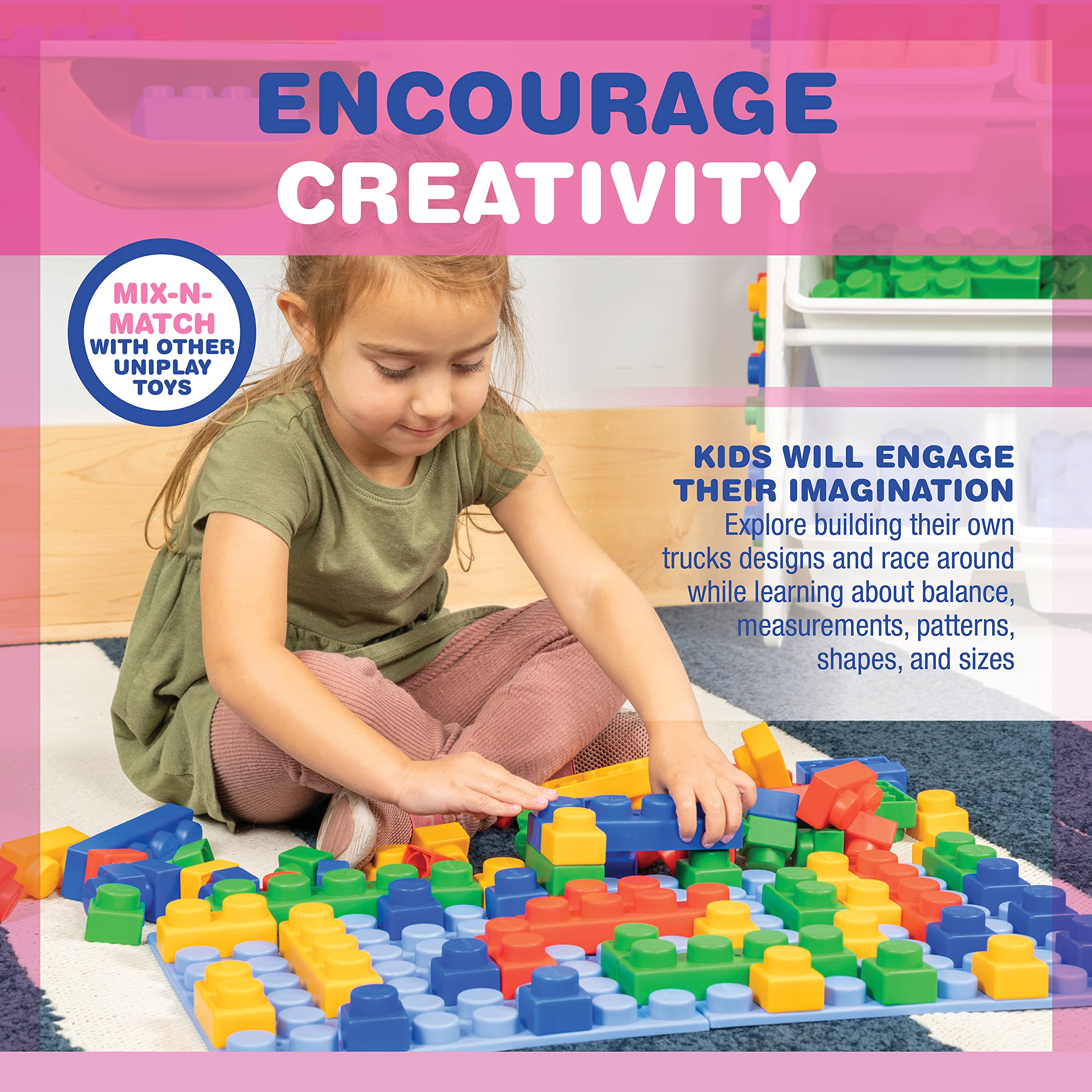 UNiPLAY Platform Soft Building Blocks β Educational Sensory Stacking Blocks, Learning Toy with 11 x 11 Inch Base Plate for Ages 3 Months and Up (64-Piece Set)