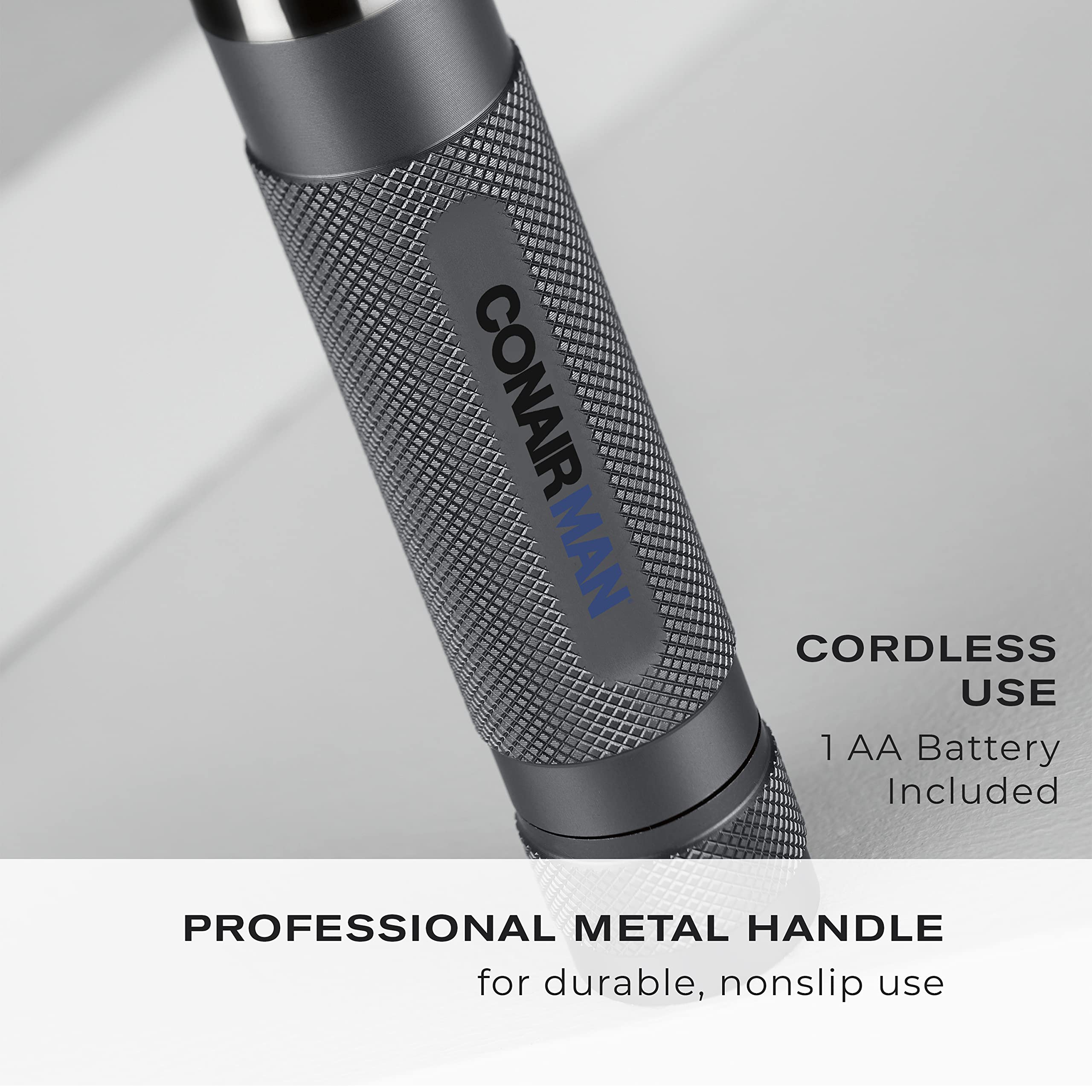 ConairMan Nose Hair Trimmer for Men, For Nose, Ear, and Eyebrows, Patent 360 Bevel Blade for No Pull, No Snag Trimming Experience, Cordless Trimmer 5 piece Set with Professional Metal Handle
