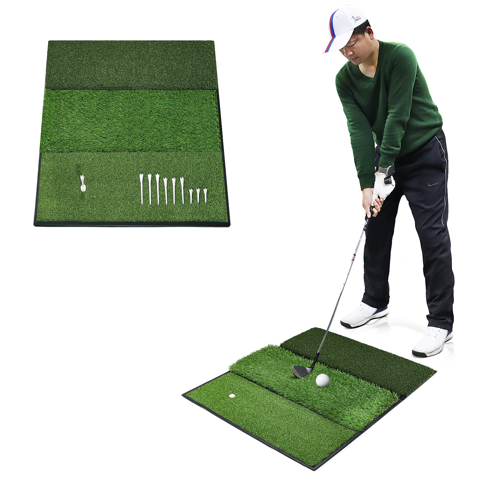 ENHUA GOLF Hitting Mat with Ball Tray,21x18 INCH Turf Indoor/Outdoor Pad for Chipping Swing Golfing Practice,Heavy Duty Training Mats with 9 Tees (D)