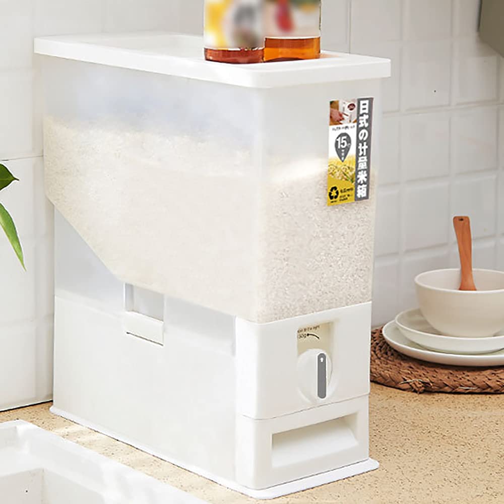 Fetcoi Rice Dispenser Container, 33 Lbs Cereal Storage Container Bin with Lid, Measurable Dispenser Sealed Storage Box Dry Food Dispensers for Rice Flour Bean Grain, White