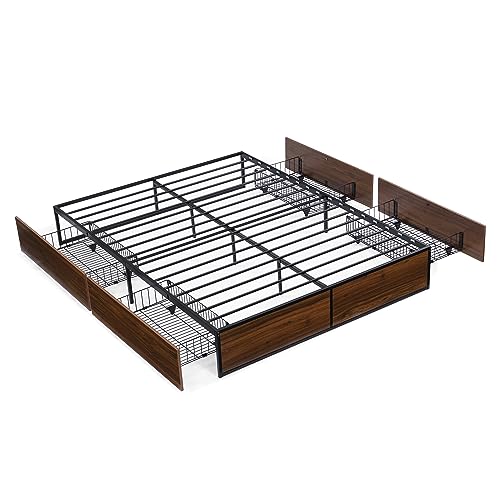 HAUSHECK Queen Size Bed Frame, Queen Platform Bed w/ 4 Large Storage Drawers on Wheels, Metal Bedframe No Box Spring Needed w/Strong Metal Slat Support Mattress Foundation for Kids, Teen & Adults