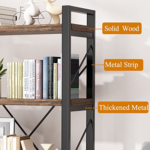 LZ-DONGMAN 5 Tier Bookshelf Rustic Solid Wood Industrial Style Bookcase,Metal and Real Wood Vintage Bookshelf,Book Shelves Home Office, Retro Brown,Dark Matching credenza(LZ01-05tier)