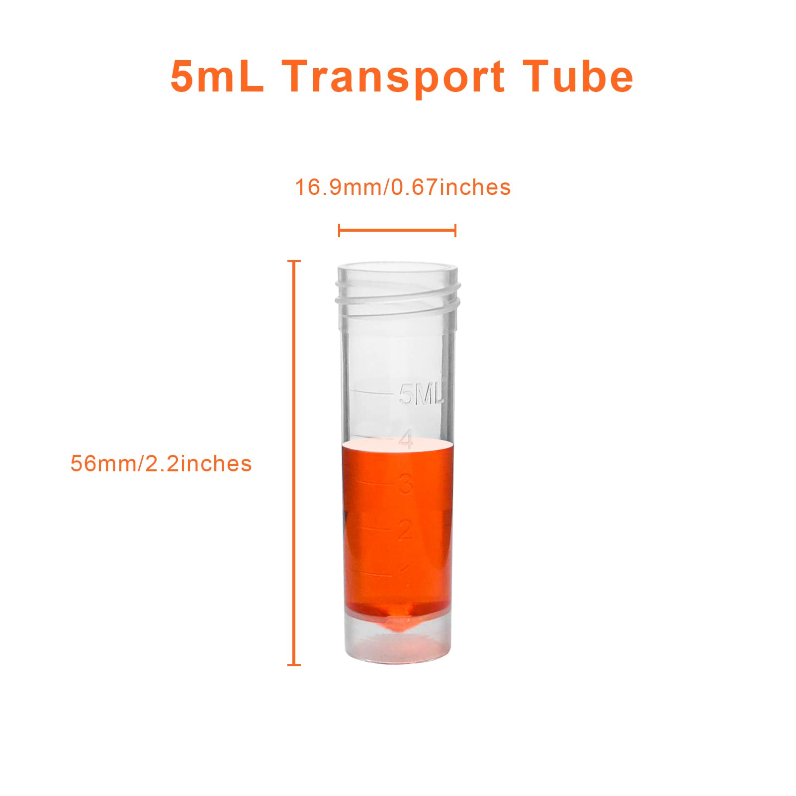 PEKYBIO Sterile Plastic Graduated Test Tubes 5ml Sample Storage Container with Screw Cap Self-Standing Lab Transport Tube, Case of 50