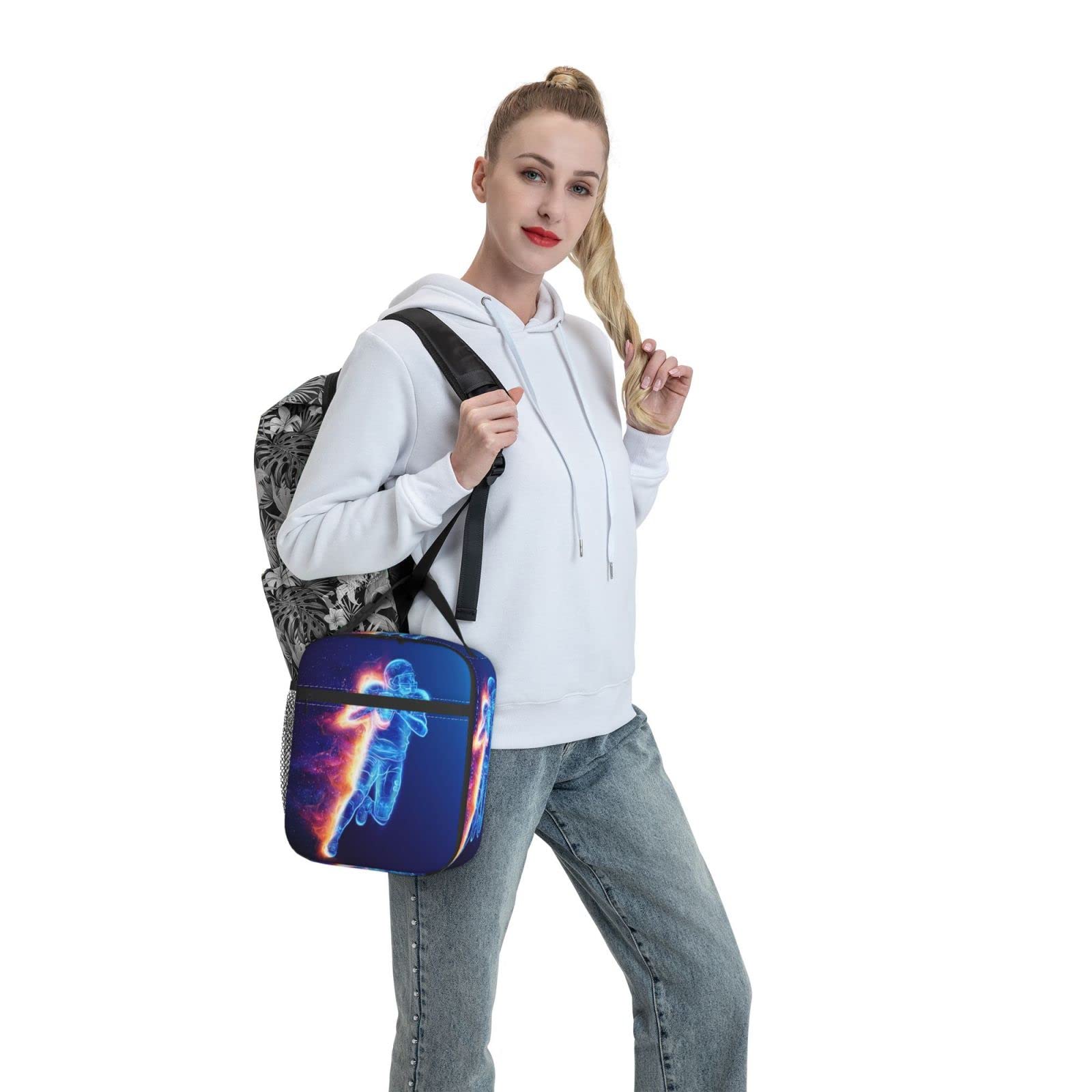 EKAZROMY Boys Football Insulated Lunch Box Bag with Name, Black Lunchboxes with Personalized Text Design, Food Container Tote Bag with Multi-Pocket for Office Work Outdoor Picnic