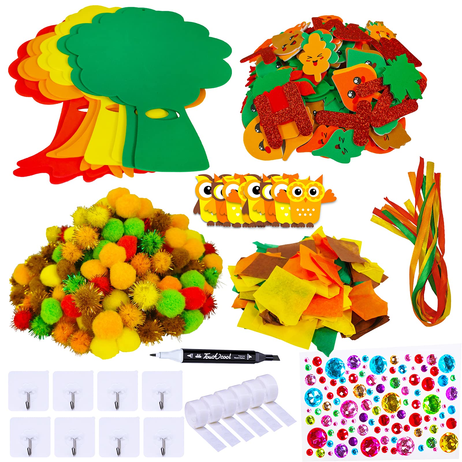 Winlyn 8 Sets Fall Crafts Kits Kids Fall Crafts Bulk Thanksgiving Crafts DIY Thankful Tree Art Sets Autumn Leaf Foam Stickers Pom-Poms Arts and Crafts for Kids Holiday School Classroom Activities