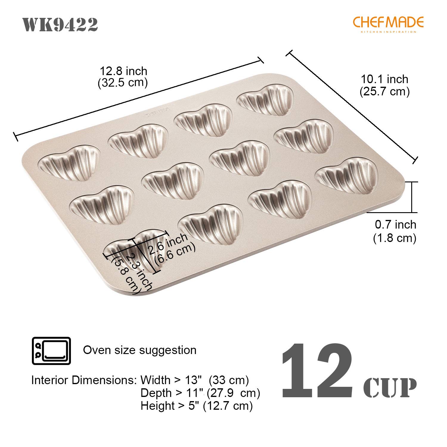 CHEFMADE Madeleine Mold Cake Pan, 12-Cavity Non-Stick Spherical Shell Madeline Bakeware for Oven Baking (Champagne Gold)