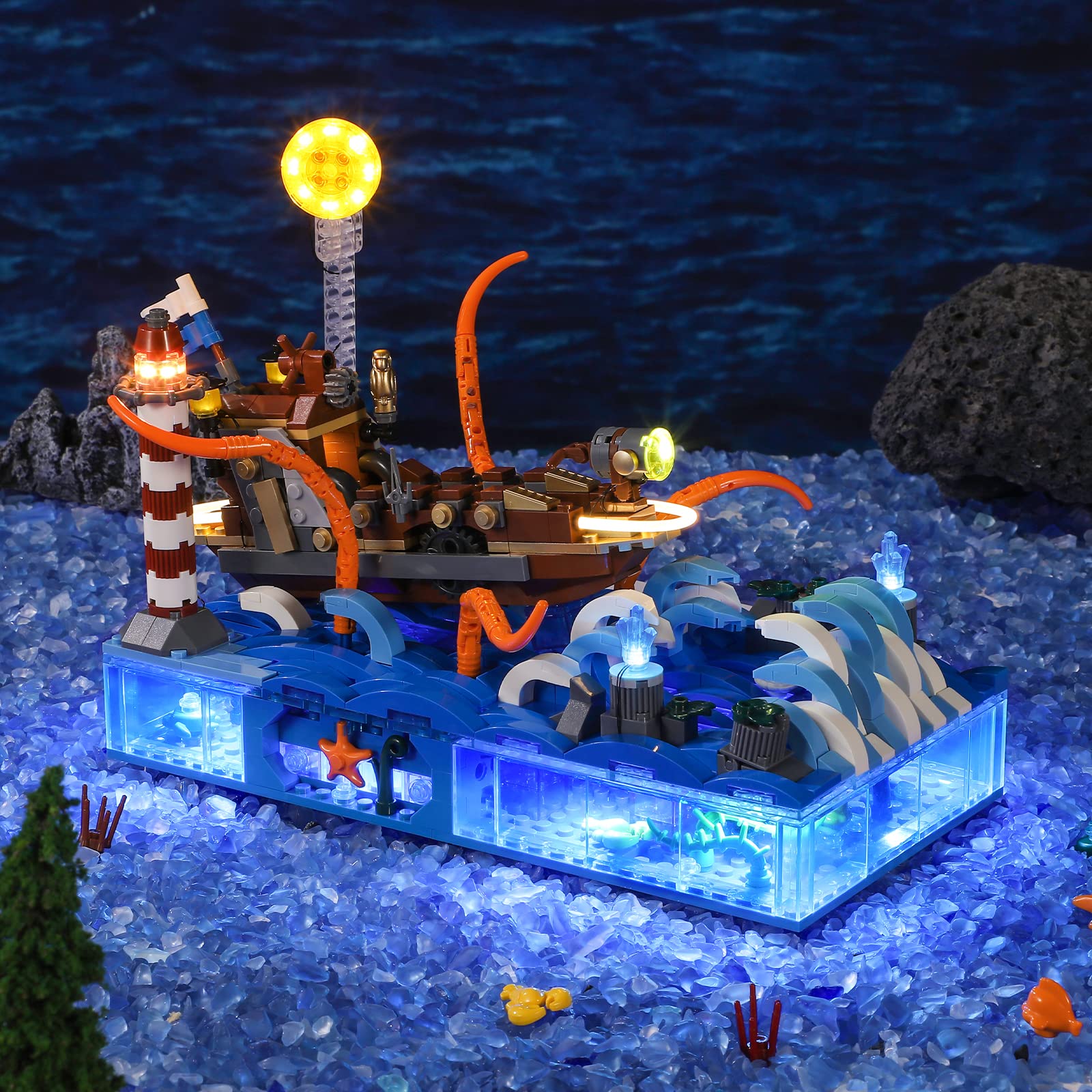 FUNWHOLE Building Set with LED Lights - Ocean Adventure Ship Construction Building Blocks Model Set 824 PCS for Teen and Adults with LED Lighting Kit