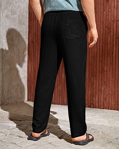 Mens Drawstring Linen Pants Relaxed Fit Elastic Waist Casual Pants Lightweight Yoga Beach Trousers Black